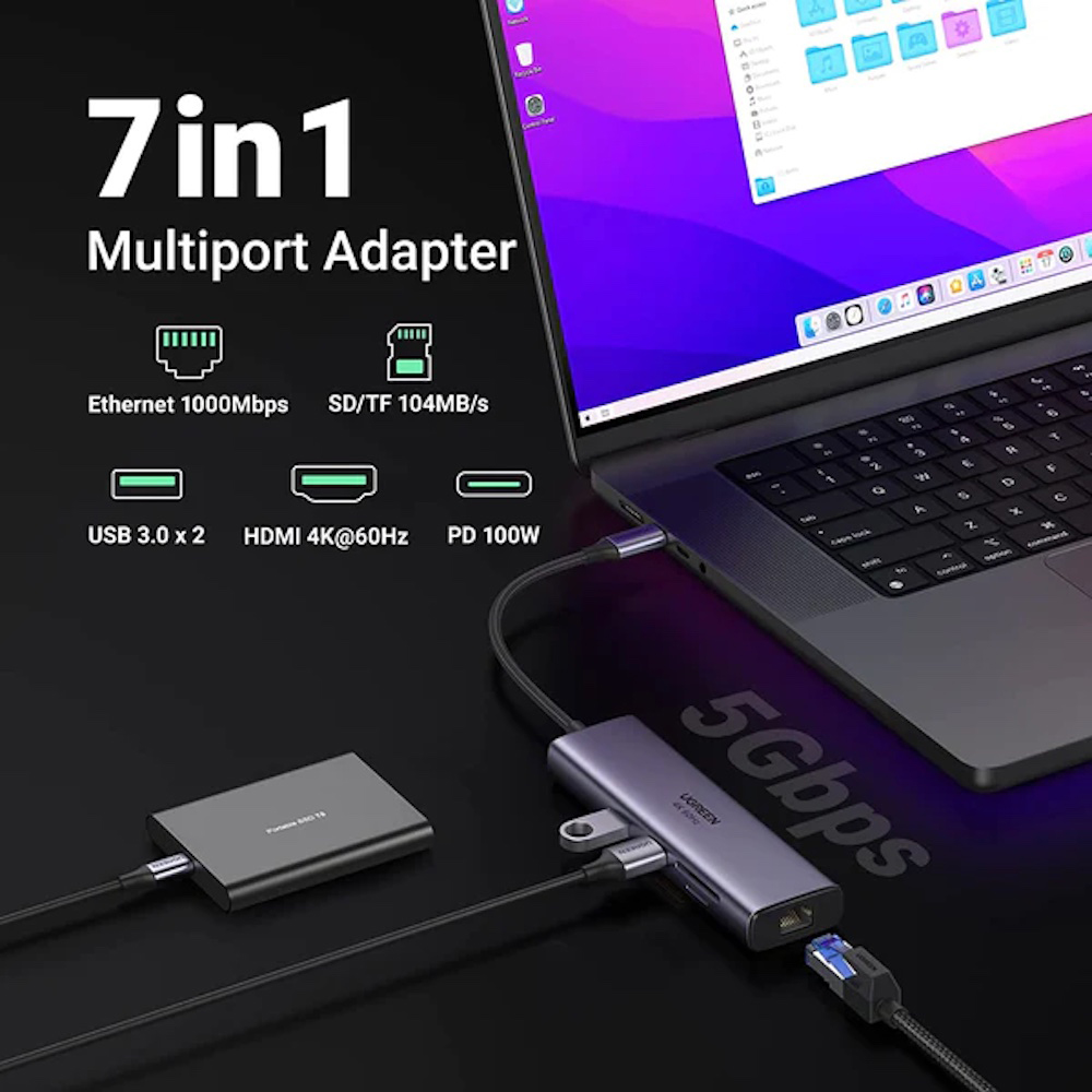 Adaptador Ugreen 90568 7 en 1 USB C a 2USB 3.0 HDMI RJ45 SD-TF PD ...